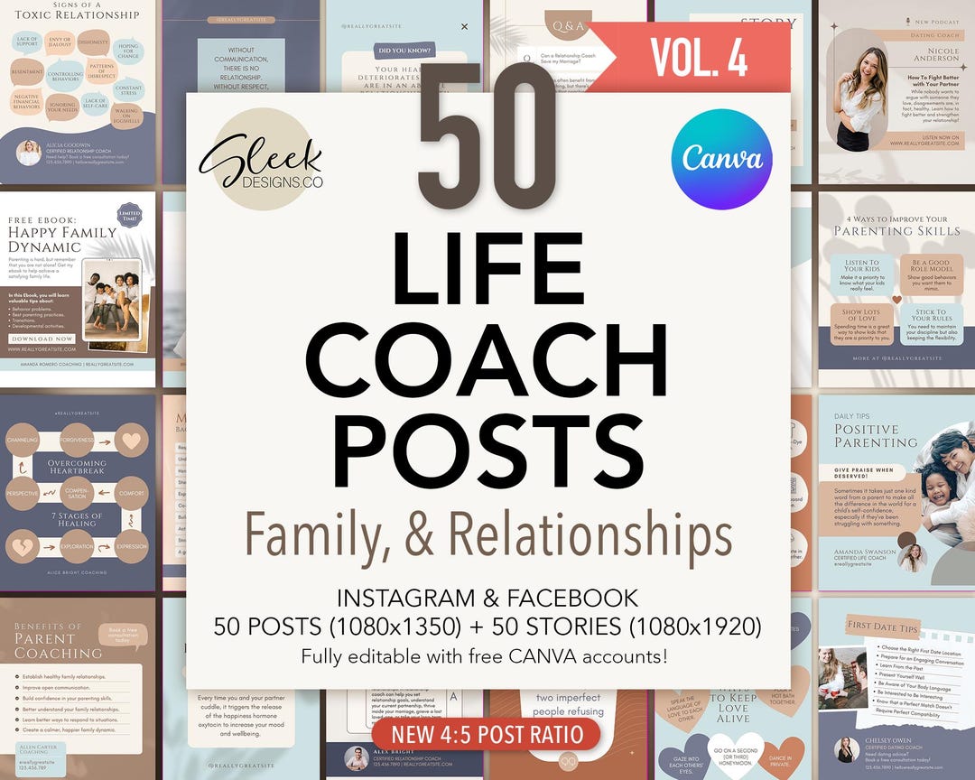 Life Coach Posts Editable Canva Templates Volume 4: 50 Love, Family ...