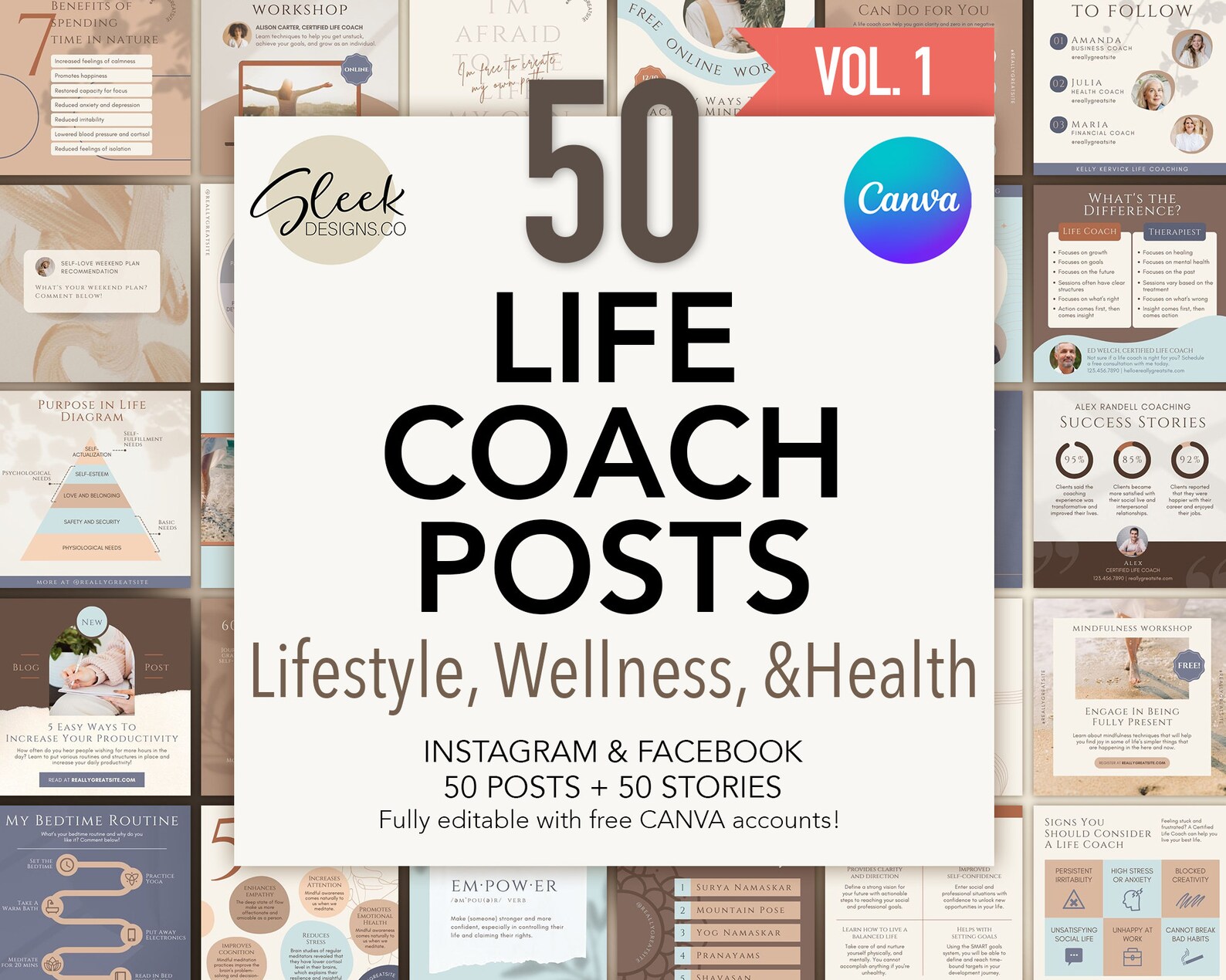 50 Life Coach Templates Volume 1 Lifestyle & Health Editable CANVA ...