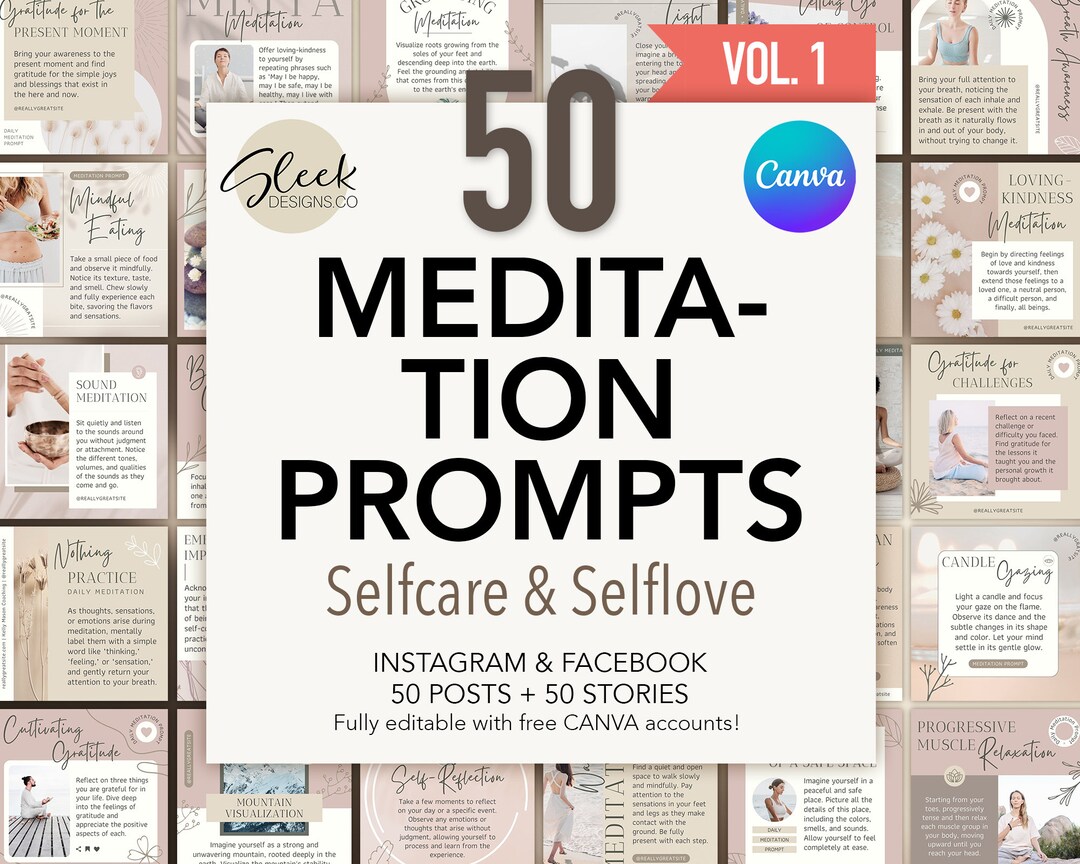 Meditation Prompts Editable Canva Templates Volume 1: 50 Selfcare ...