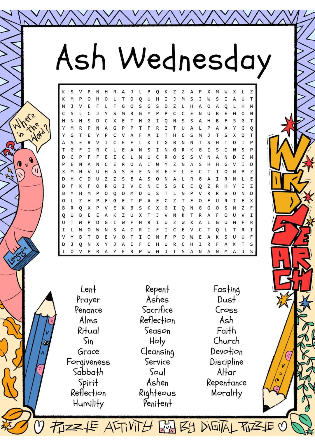 Ash Wednesday Word Search Puzzles, Self Care Puzzles, Printable Word ...