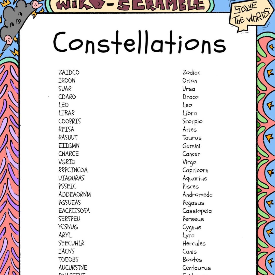 Constellations Word Scramble Puzzles, Self Care Puzzles, Printable Word ...