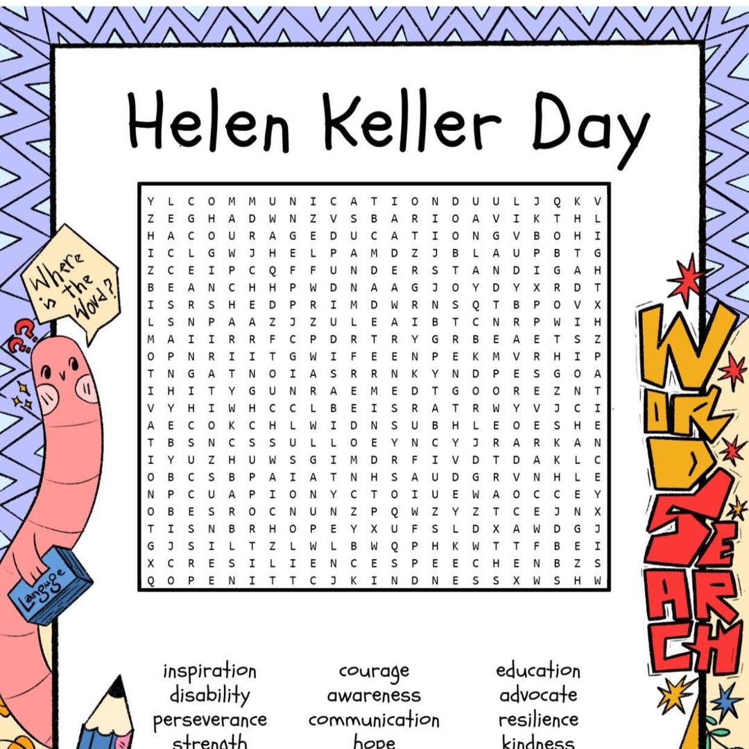 Helen Keller Day Word Search Puzzles, Self Care Puzzles, Printable Word ...