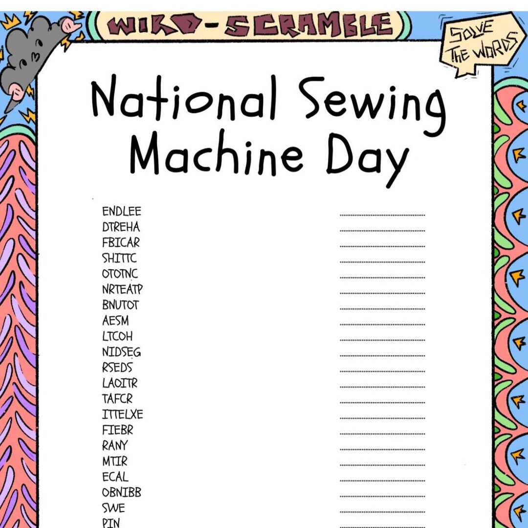 National Sewing Machine Day Word Scramble Puzzles, Self Care Puzzles ...