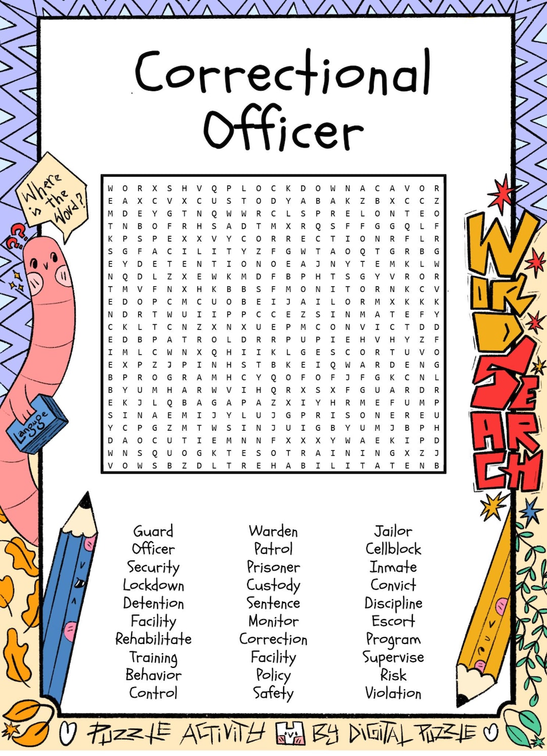 Correctional Officer Word Search Puzzles, Self Care Puzzles, Printable ...