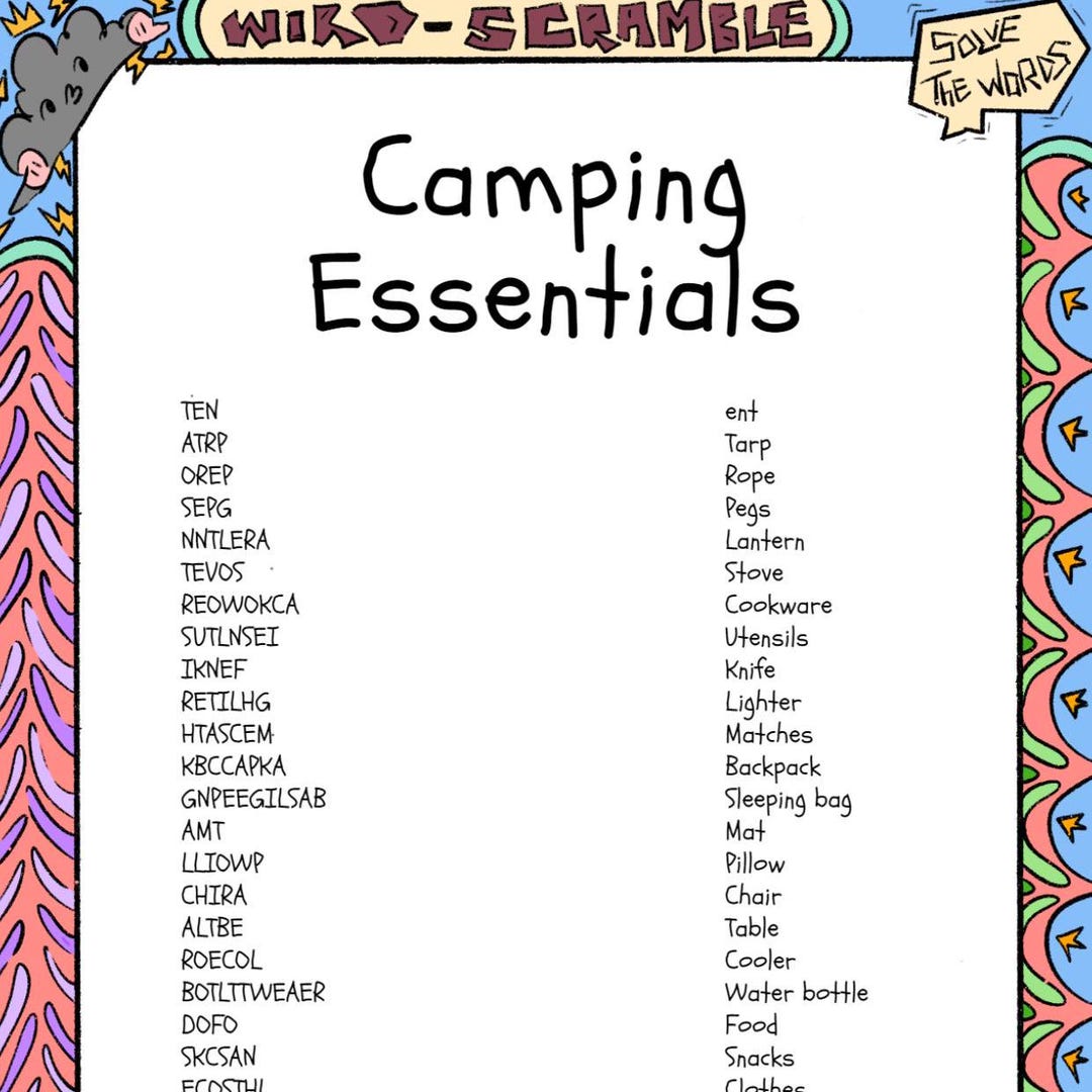 Camping Essentials Word Scramble Puzzles, Self Care Puzzles, Printable ...
