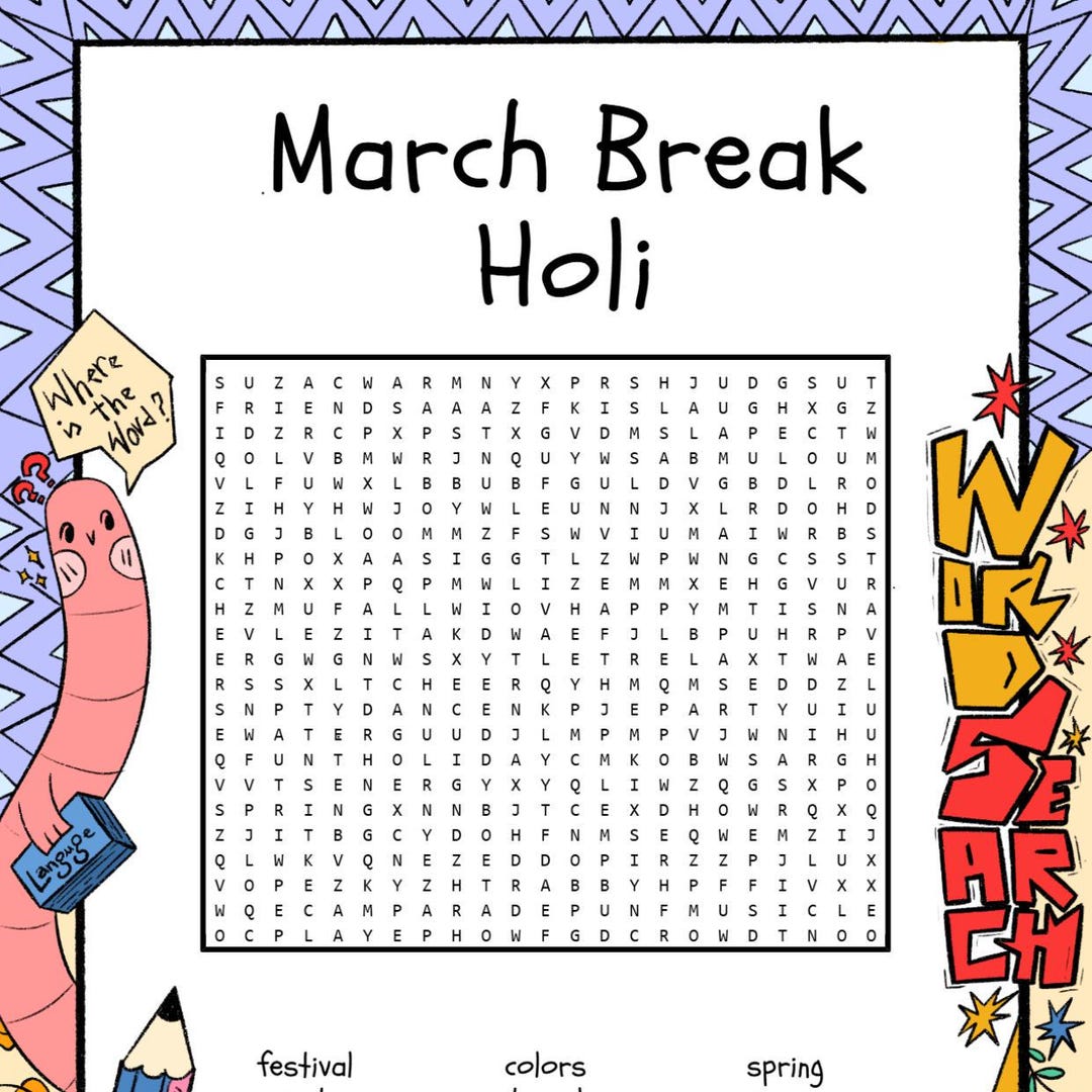 March Break Holi Word Search Puzzles, Self Care Puzzles, Printable Word ...