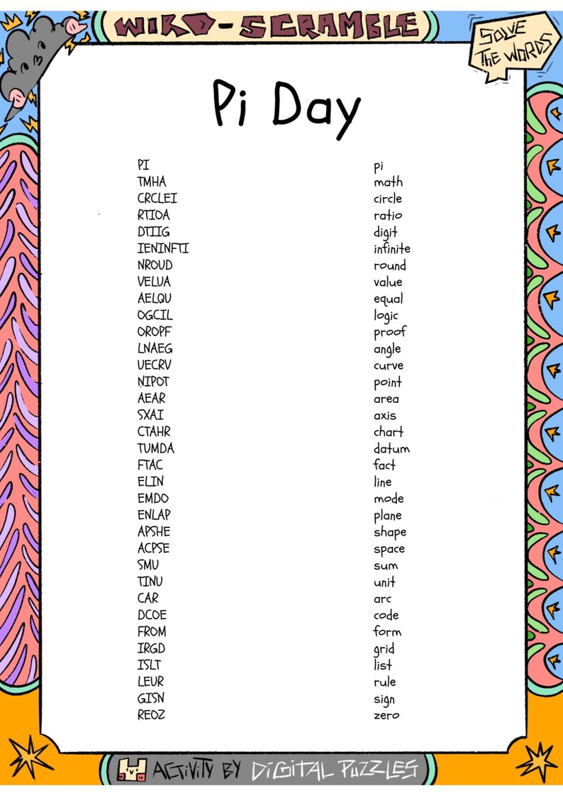 Pi Day Word Scramble Puzzles, Self Care Puzzles, Printable Word ...