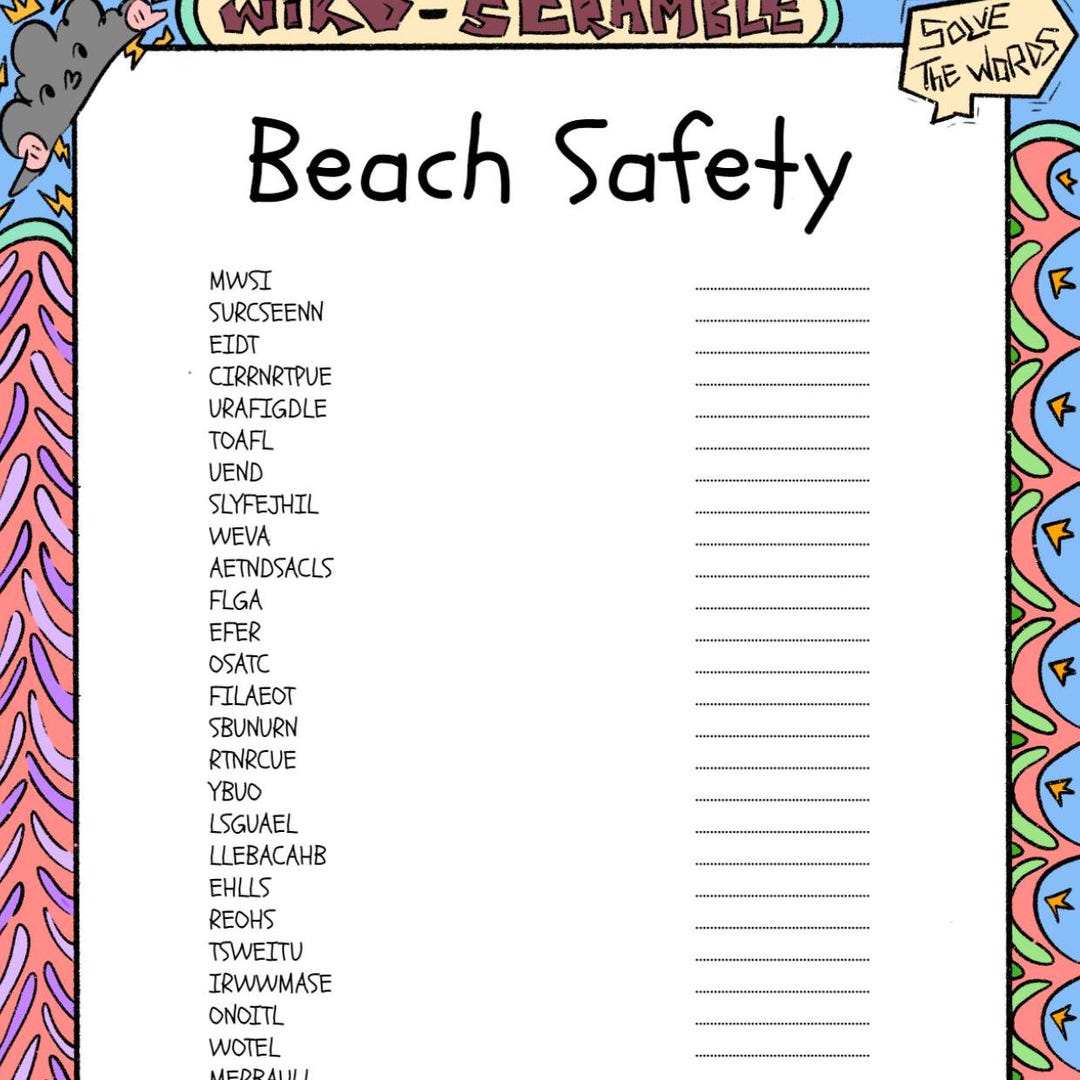 Beach Safety Word Scramble Puzzles, Self Care Puzzles, Printable Word ...