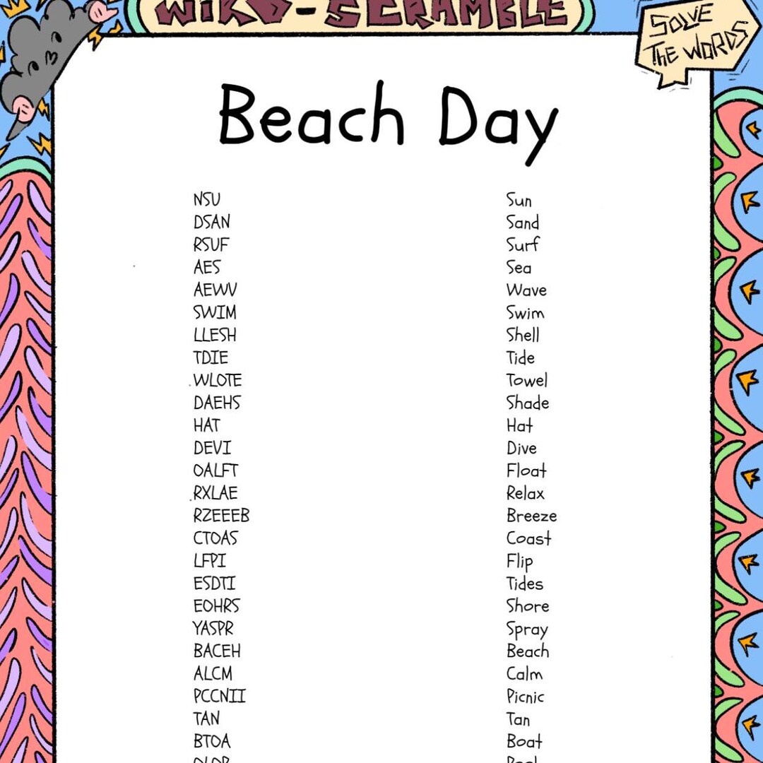 Beach Day Word Scramble Puzzles, Self Care Puzzles, Printable Word ...