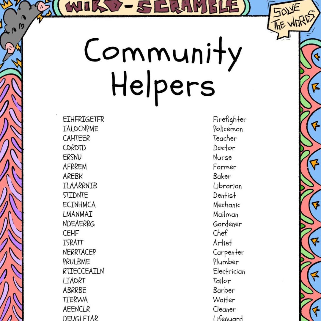 Community Helpers Word Scramble Puzzles, Self Care Puzzles, Printable ...