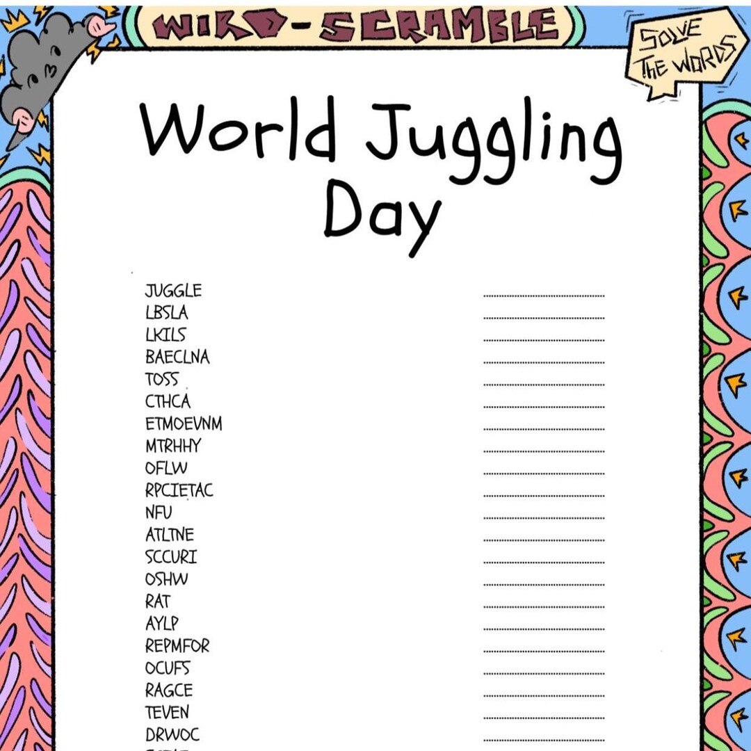 World Juggling Day Word Scramble Puzzles, Self Care Puzzles, Printable ...