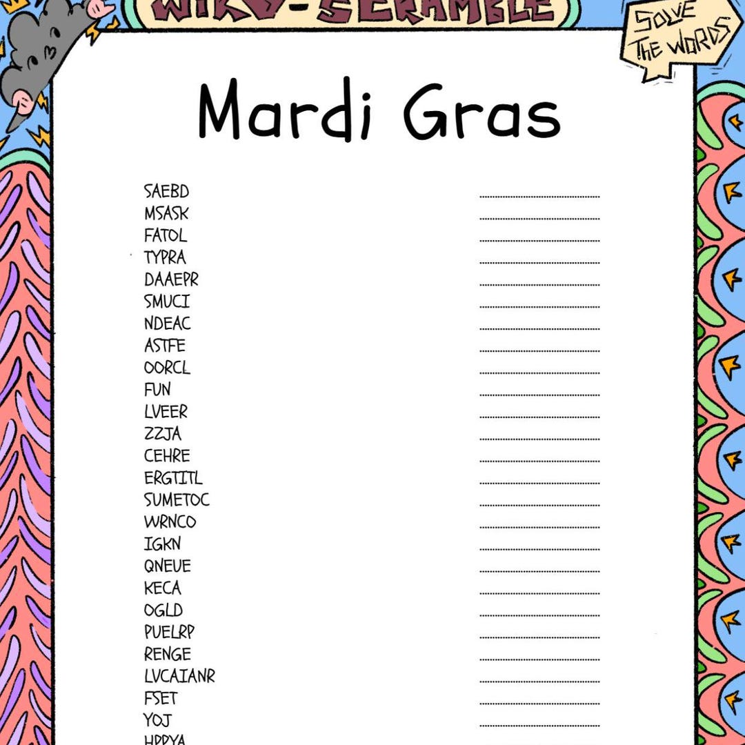 Mardi Gras Word Scramble Puzzles, Self Care Puzzles, Printable Word ...