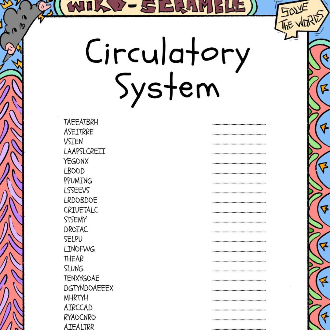 Circulatory System Word Scramble Puzzles, Self Care Puzzles, Printable ...