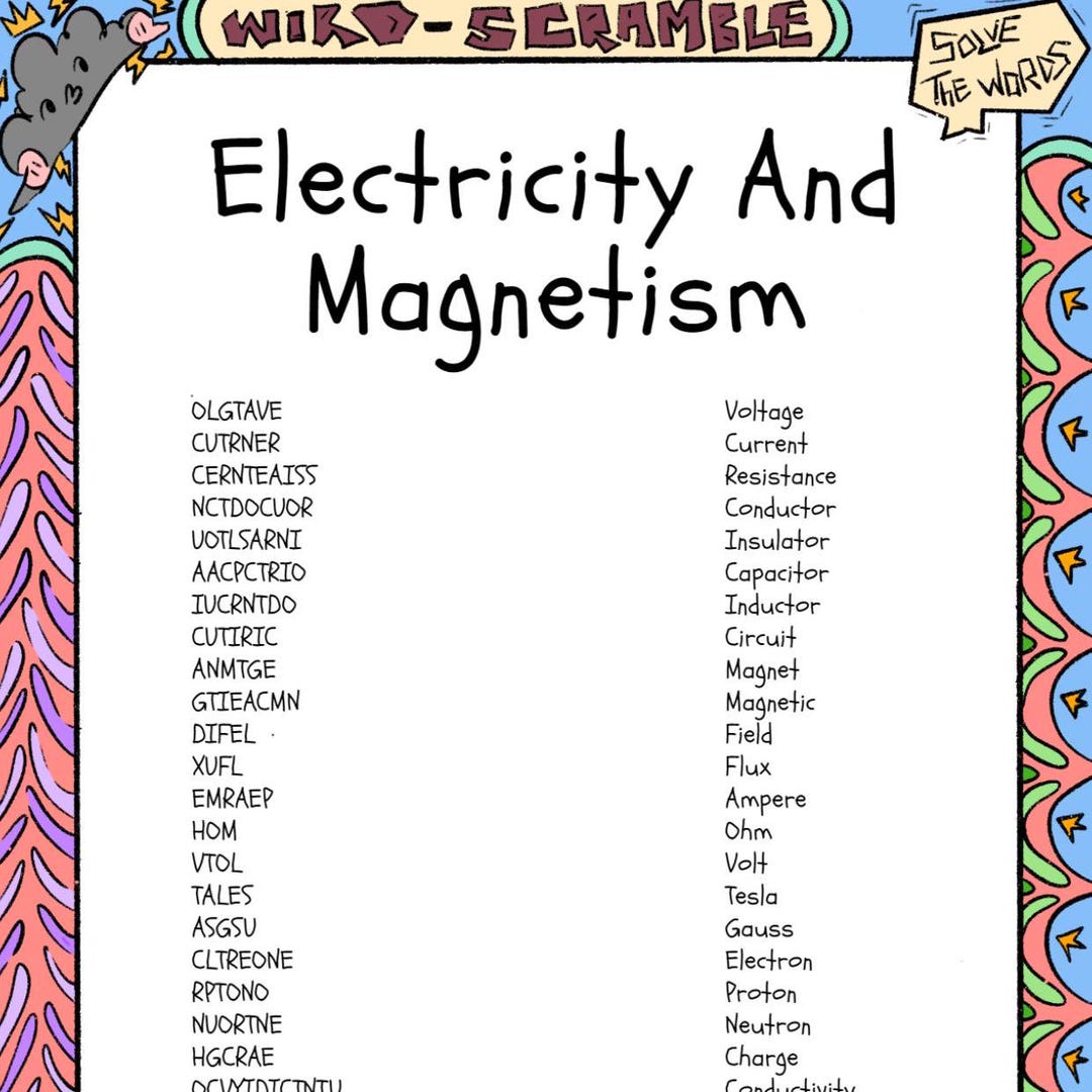 Electricity and Magnetism Word Scramble Puzzles, Self Care Puzzles ...