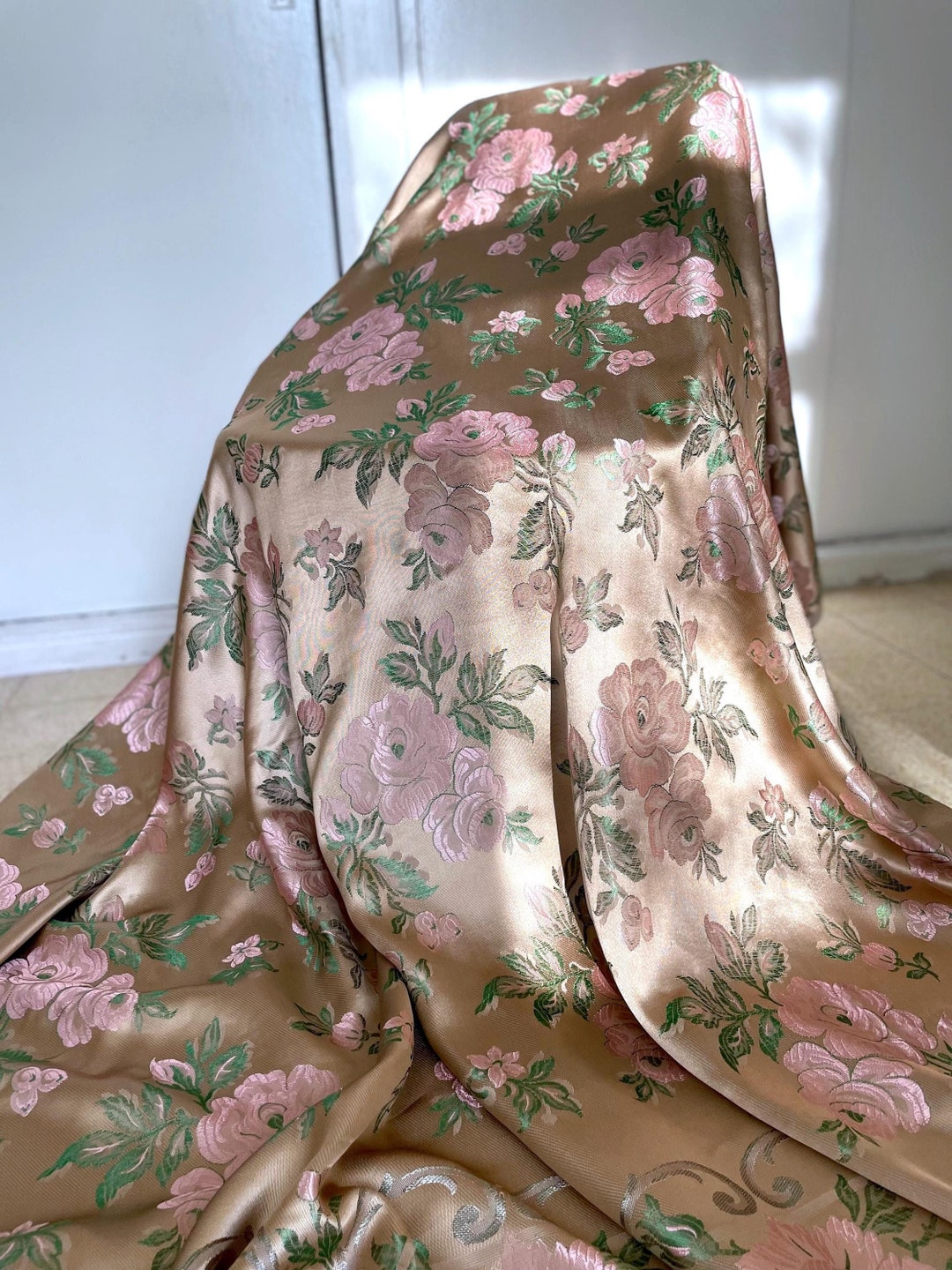 Antique Satin Bedspread, Vintage Brocade Fabric, Bronze Satin Bedspread ...