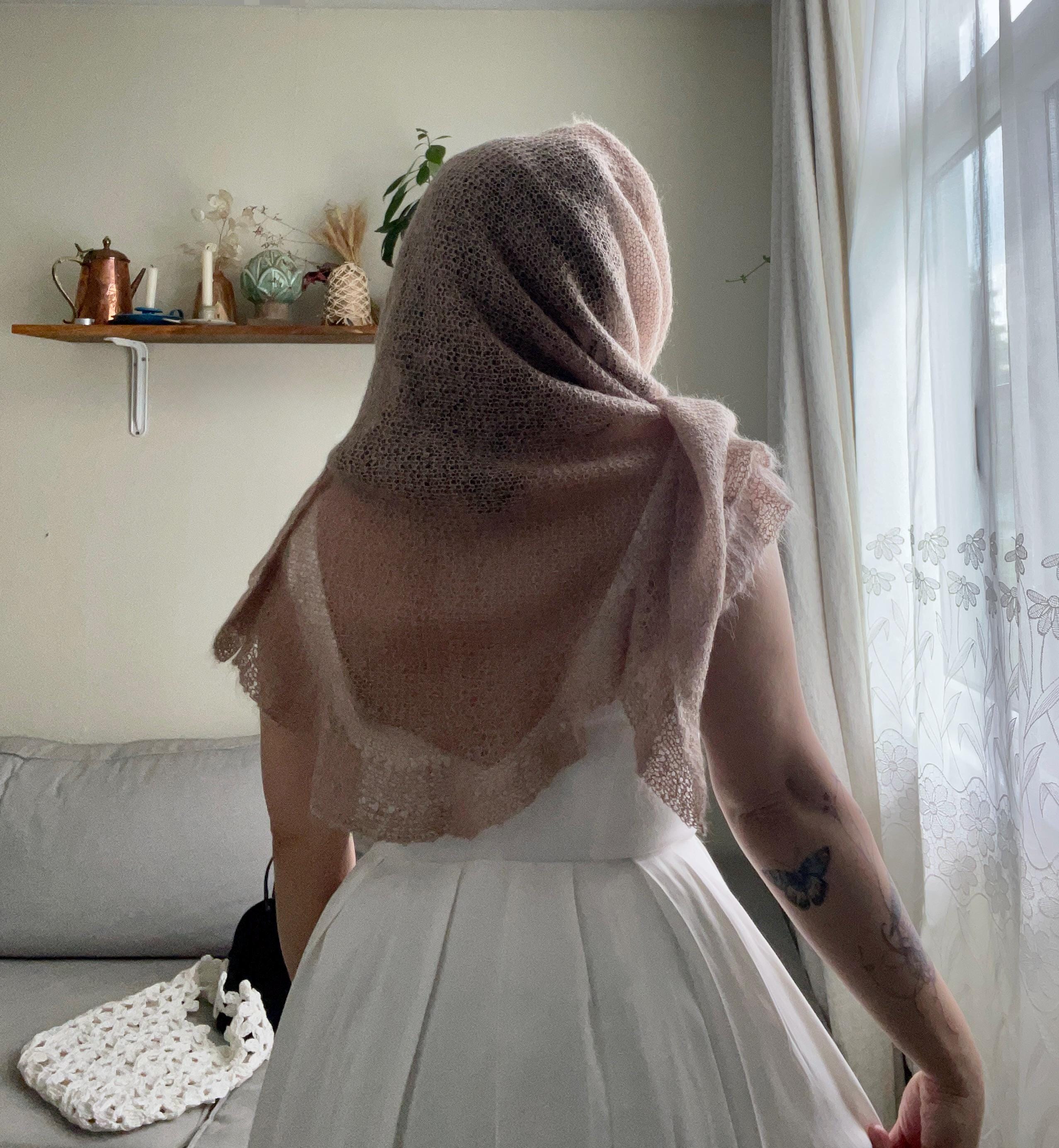 Hand Knitted Mohair Shawl, Triangle Shoulder Wraps With Ruffle, Elegant Lightweight Wool Shawl ...