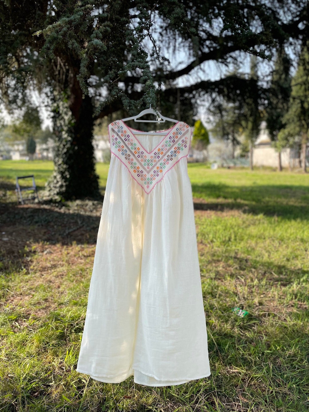 Vintage Cotton Nightgown, Muslin Dress With Hand Embroidery Neckline ...
