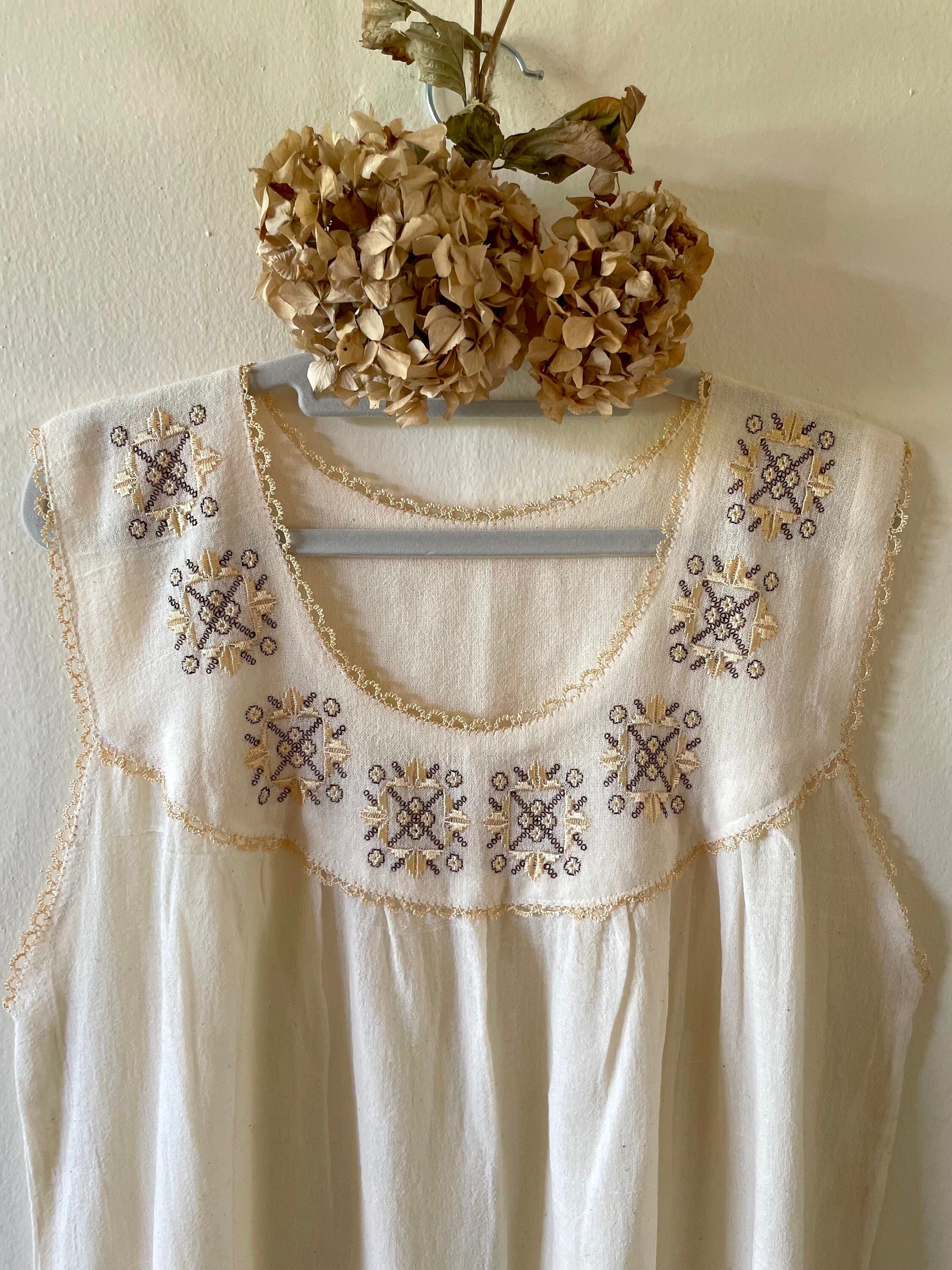 Vintage Cotton Nightgown, Muslin Dress With Hand Embroidery Neckline ...