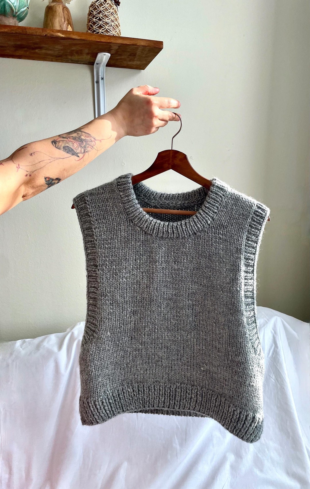 Chunky Wool Sweater Vest, Hand Knit Vest for Women's, 100% Wool Grey ...