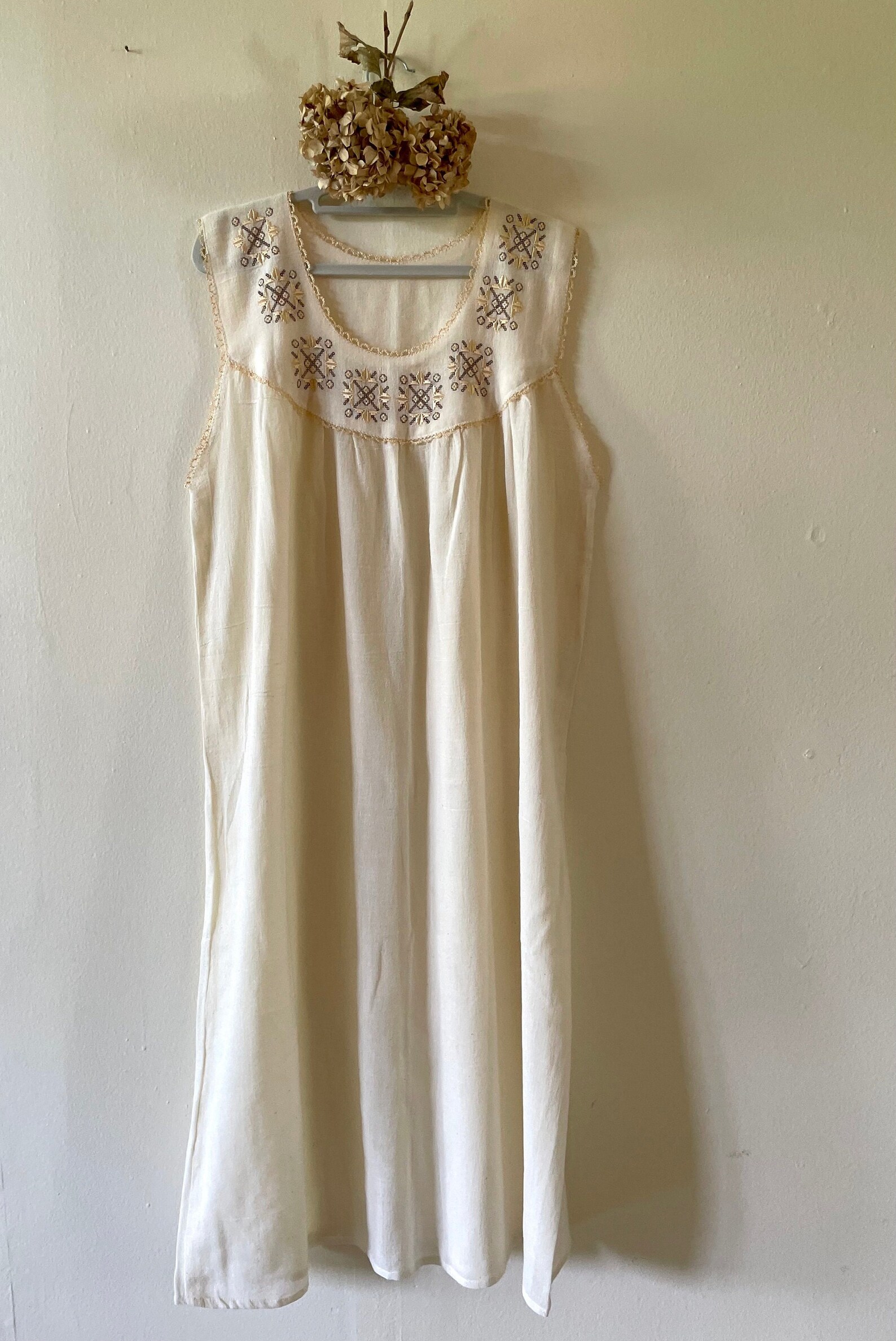 Vintage Cotton Nightgown, Muslin Dress With Hand Embroidery Neckline ...