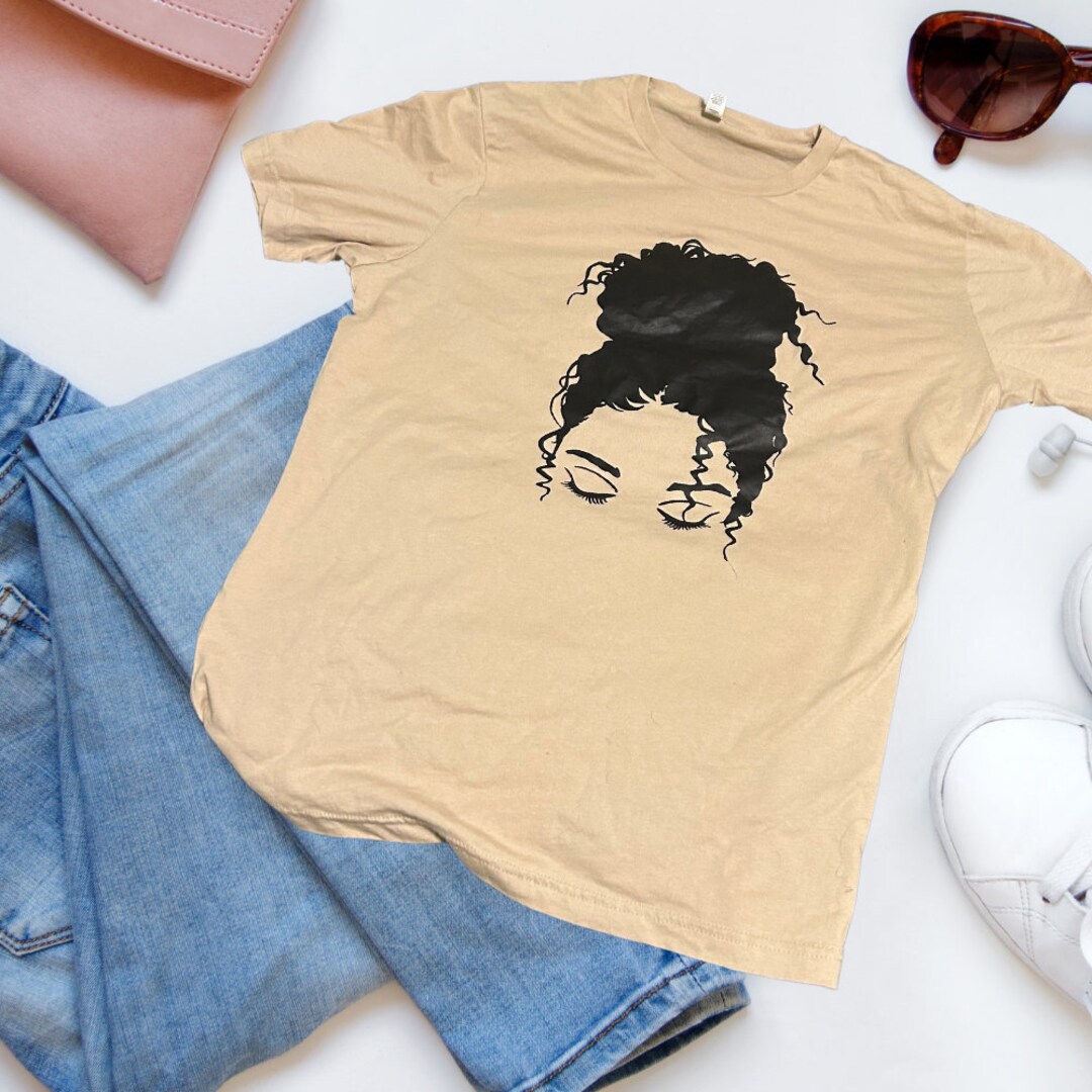 Curly Hair Girl | Messy Curly Hair Bun Screen Print Graphic T-shirt - Etsy
