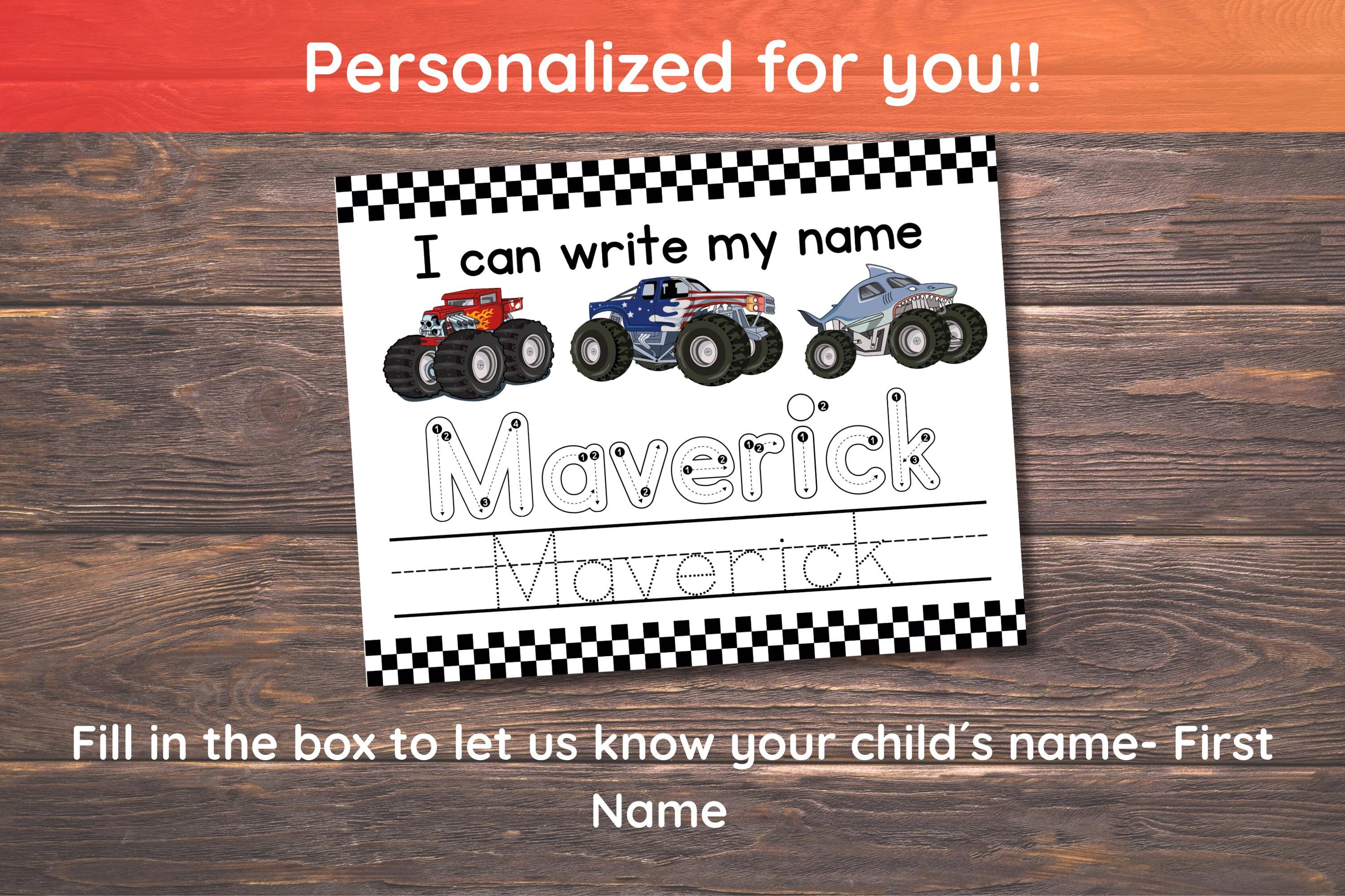 Monster Trucks Custom Name Tracing PDF | Personalized Handwriting ...