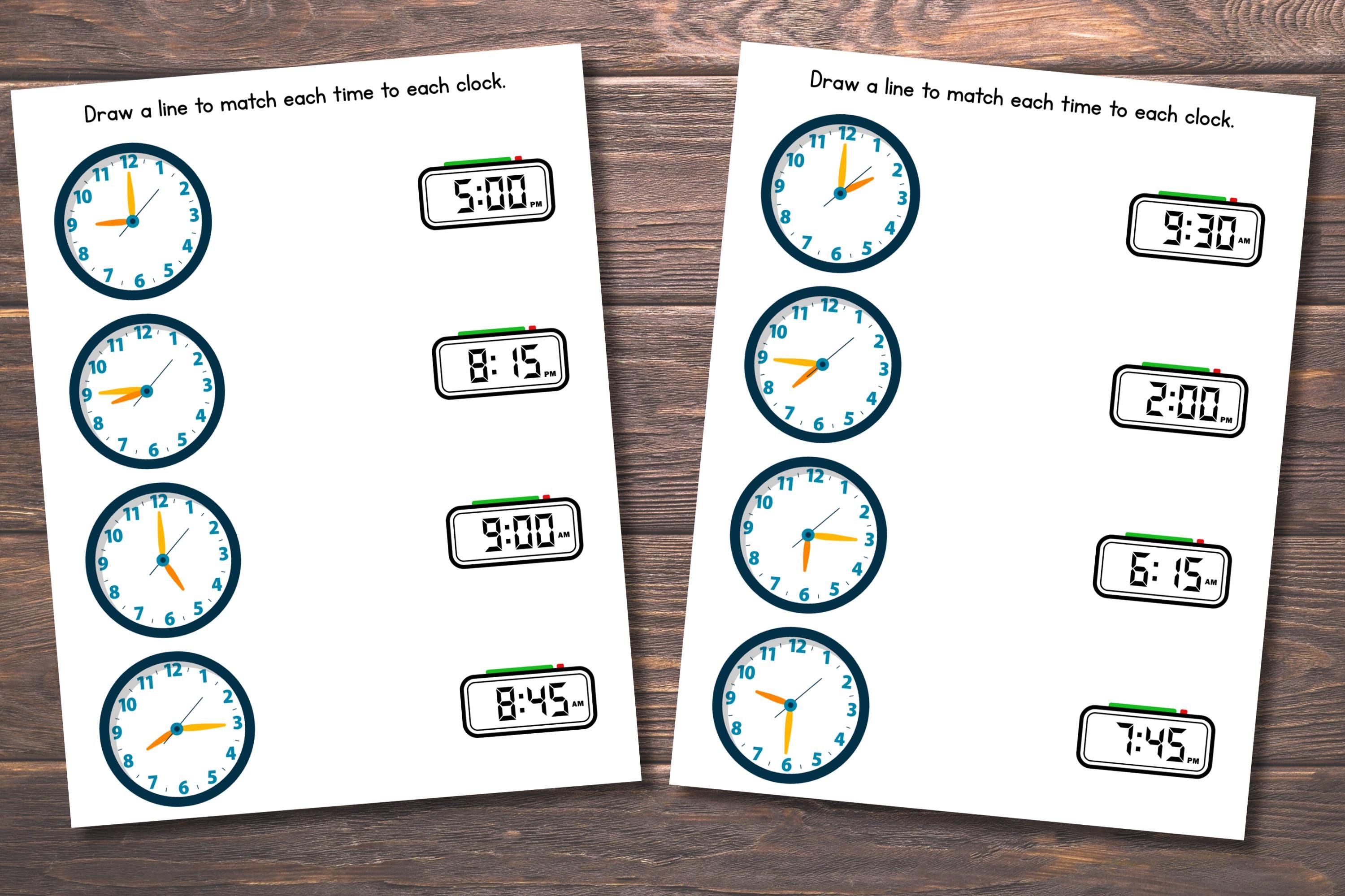 50 Telling Time to the Hour Worksheet, Kindergarten, First Grade ...