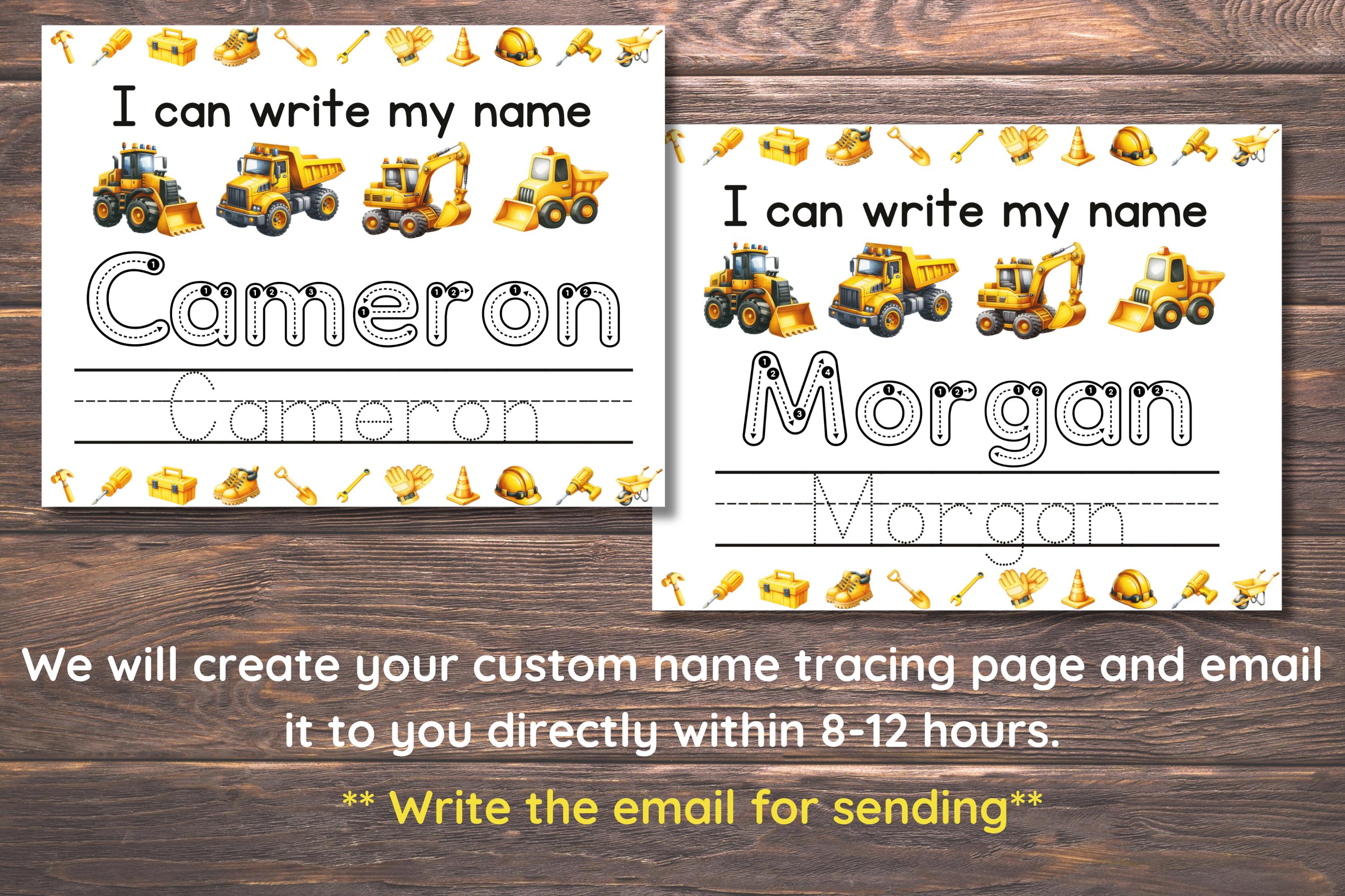 Construction Trucks Custom Name Tracing PDF | Personalized Handwriting ...