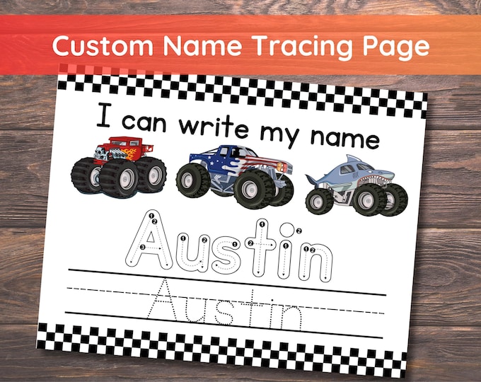Monster Trucks Custom Name Tracing PDF | Personalized Handwriting ...