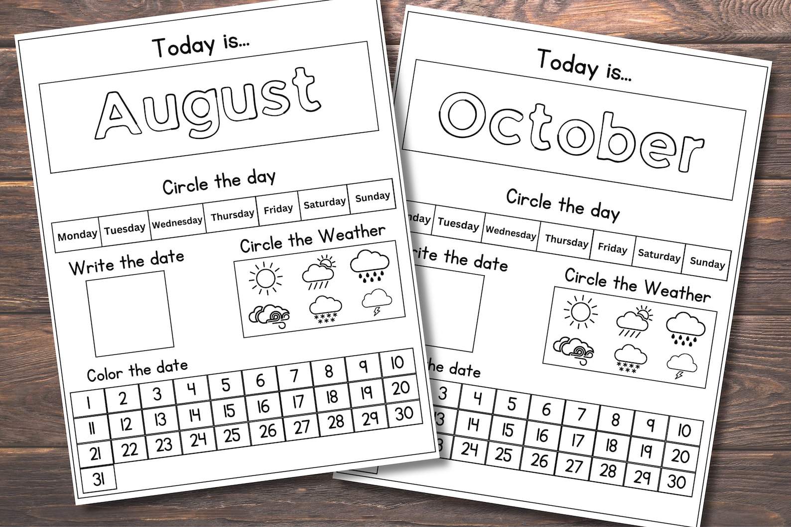 12 Printable Preschool Calendar Worksheet Pages Month Day - Etsy
