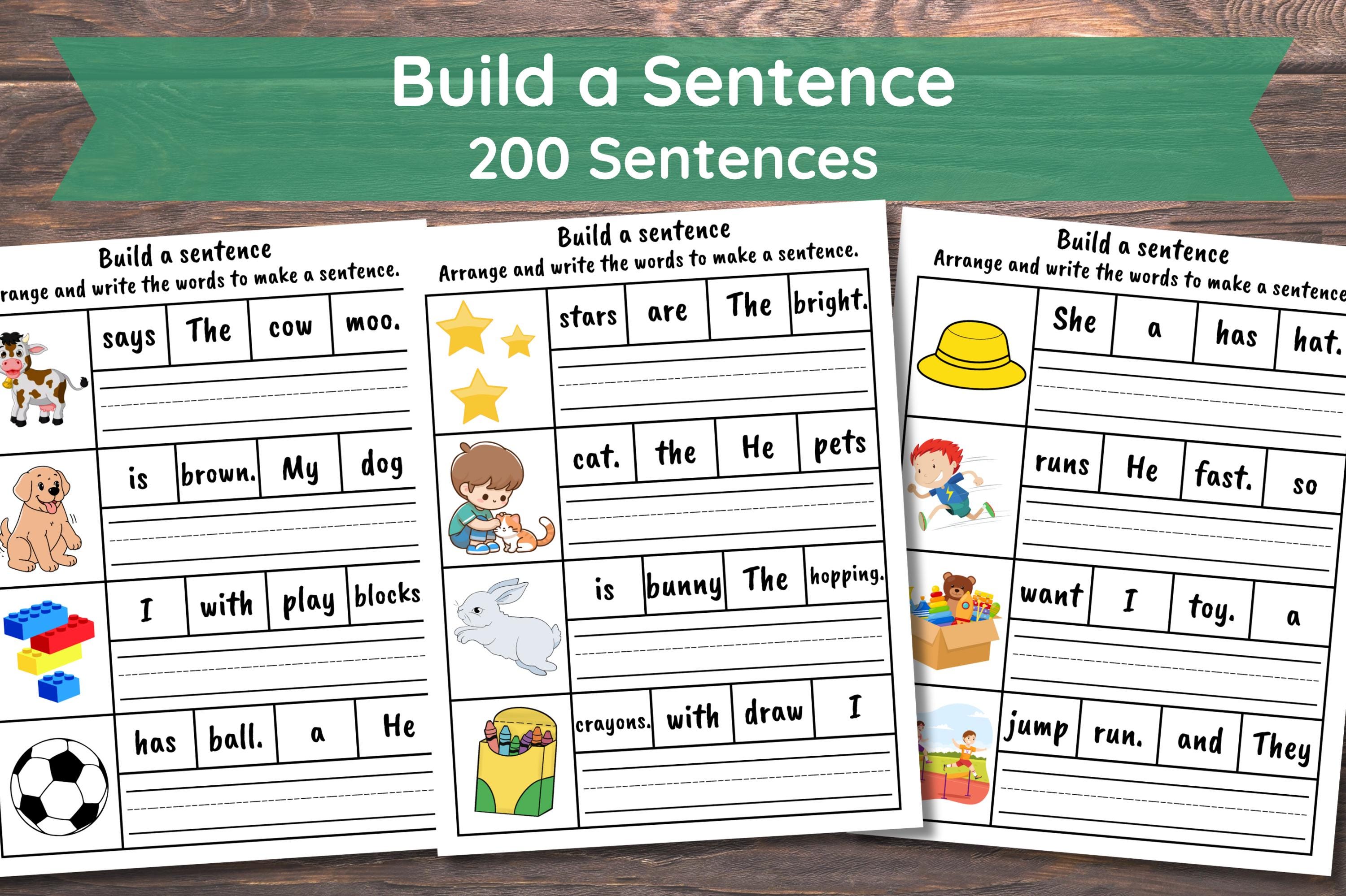 200 Build the Sentence Worksheets, Printable Sentences Writing Practice ...