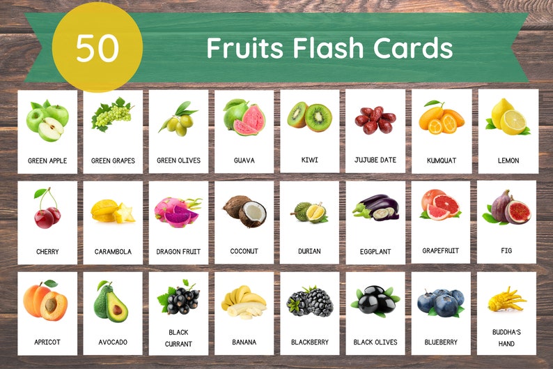 50 Fruits Cards, Fruits Flashcards, Printable Real Pictures Flashcards ...
