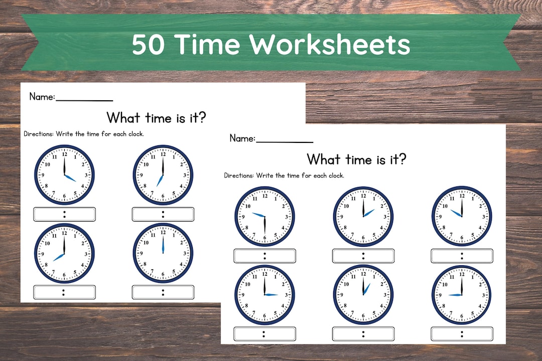 50 Telling Time to the Hour Worksheet, Kindergarten, First Grade ...