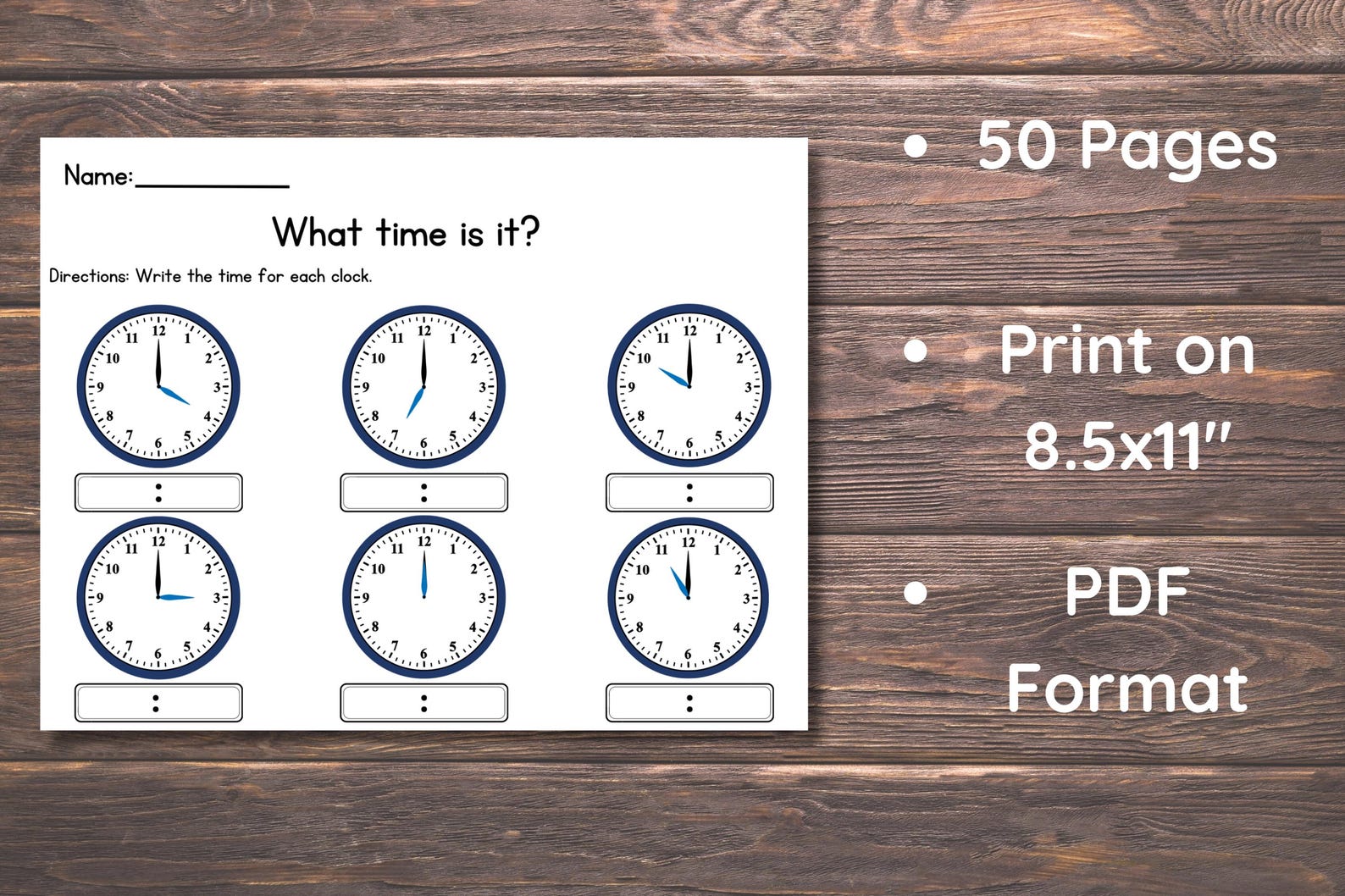 50 Telling Time to the Hour Worksheet, Kindergarten, First Grade ...