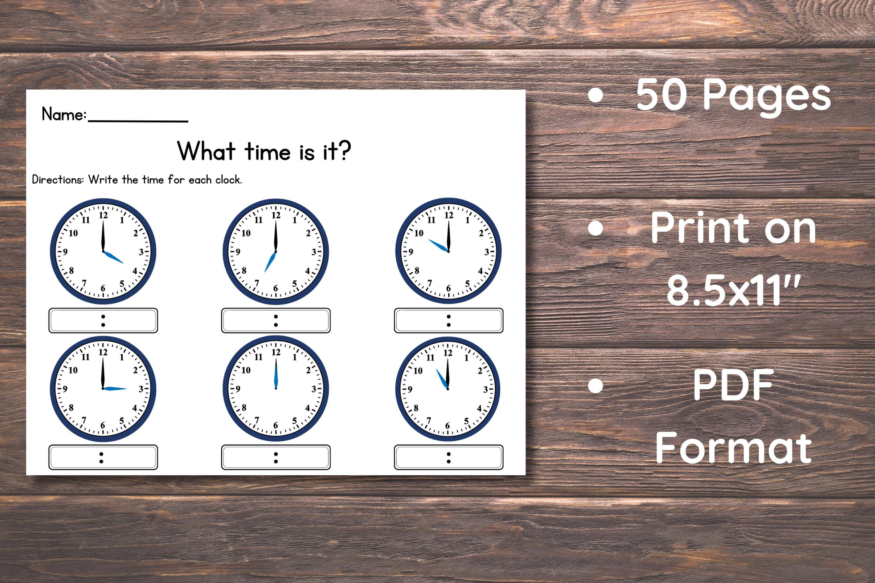 50 Telling Time to the Hour Worksheet, Kindergarten, First Grade ...
