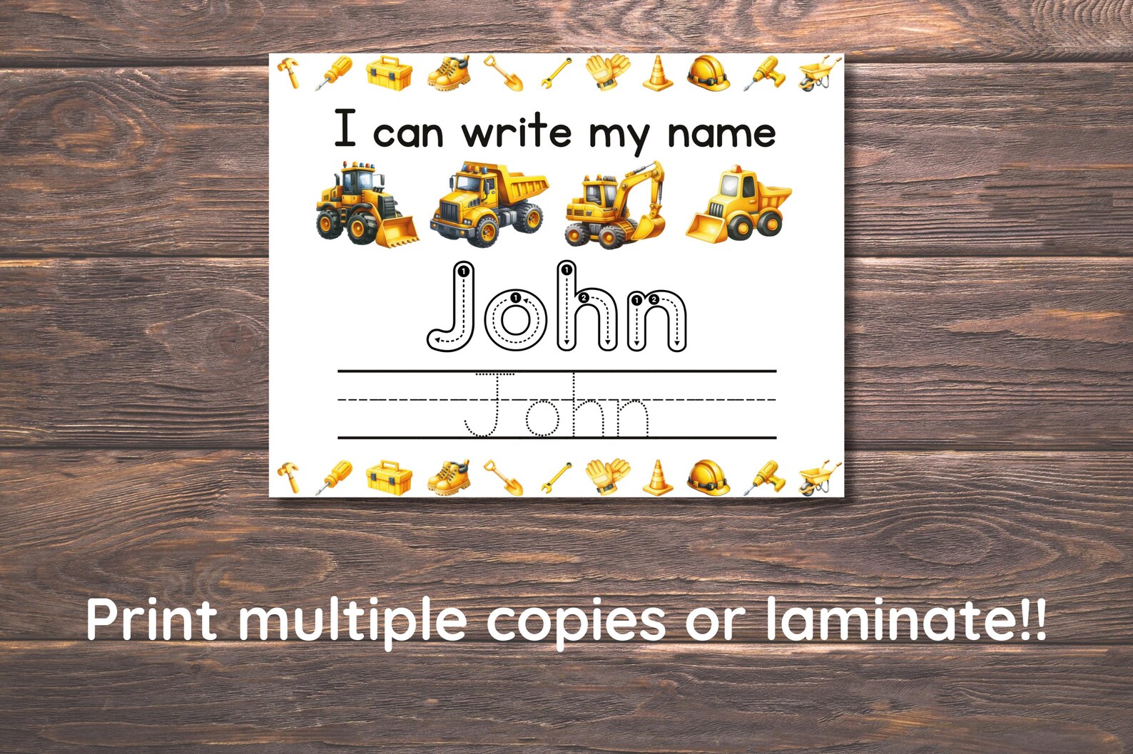Construction Trucks Custom Name Tracing PDF | Personalized Handwriting ...