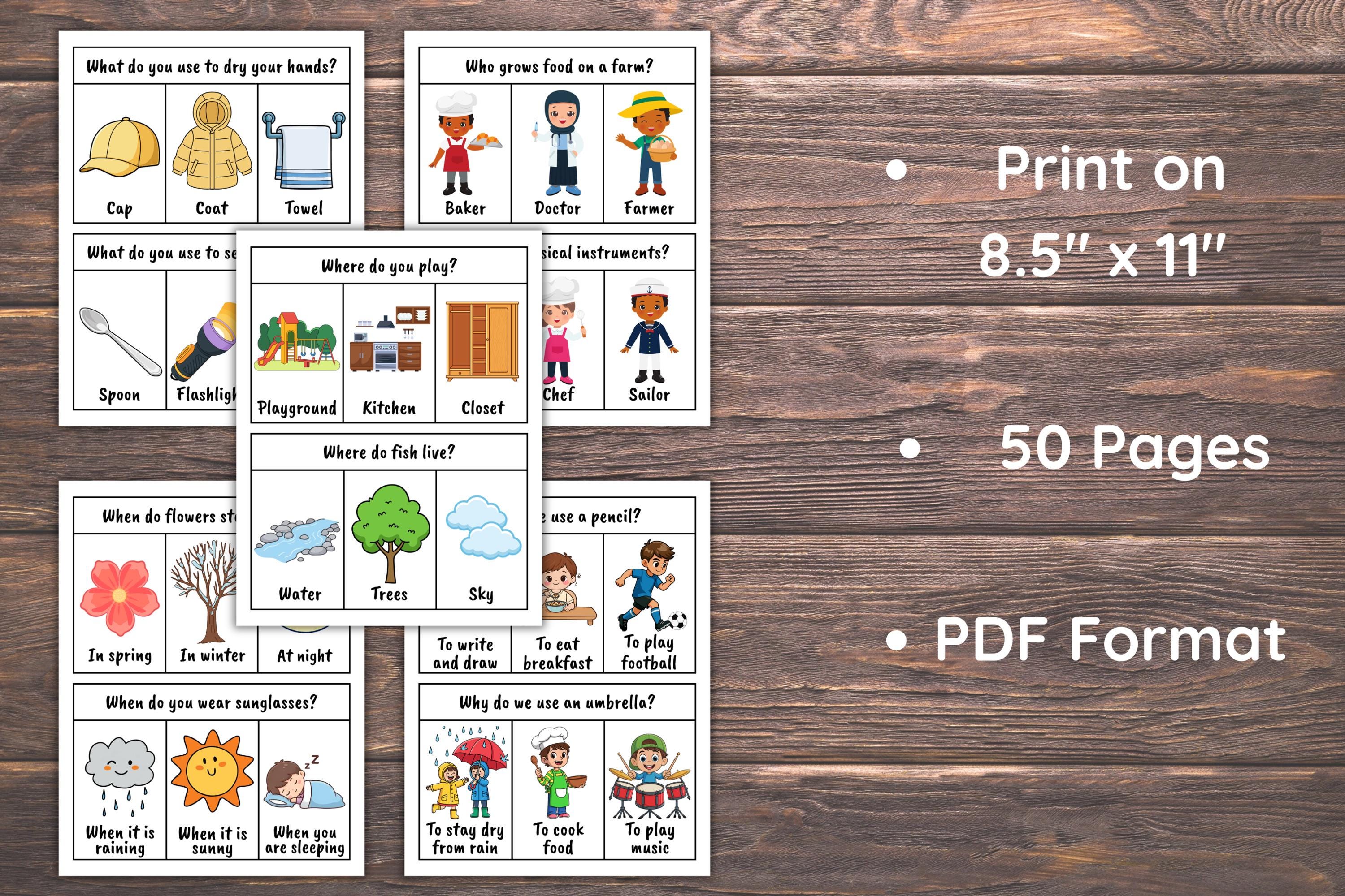 WH Question Flash Cards Printable, Speech Therapy Resource, Speech ...