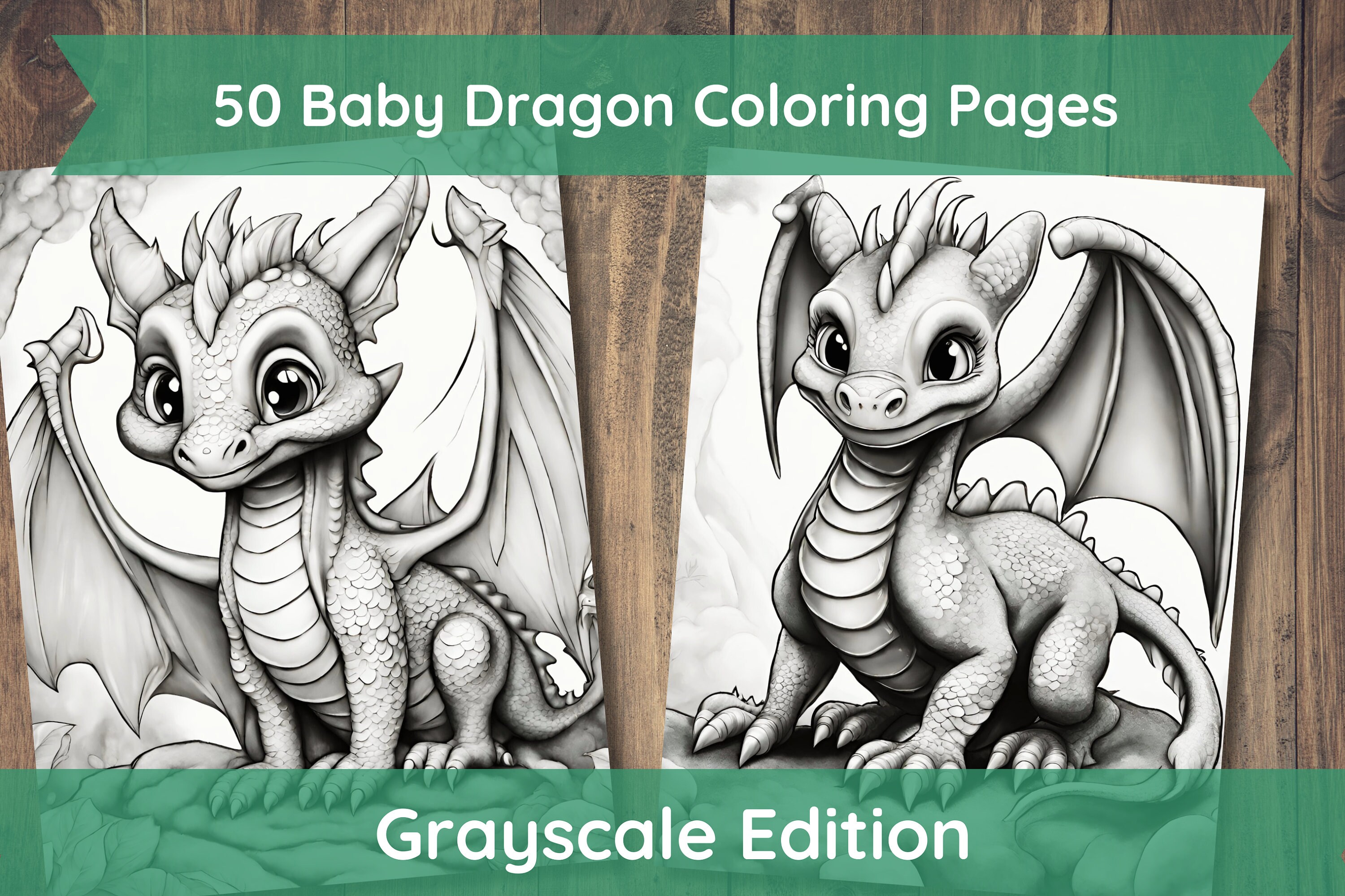 50 Baby Woodland Dragon Fantasy Coloring Page Book, Adults + Kids ...