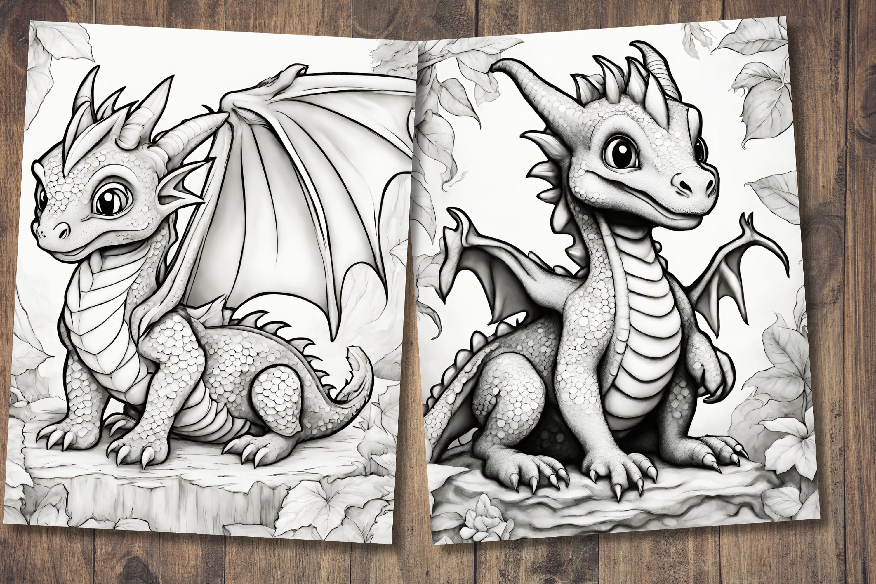 50 Baby Woodland Dragon Fantasy Coloring Page Book, Adults + Kids ...