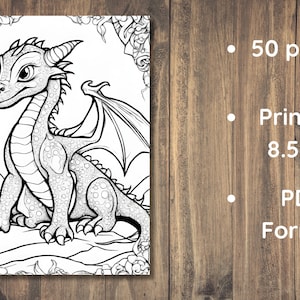 50 Baby Woodland Dragon Fantasy Coloring Page Book, Adults + Kids ...
