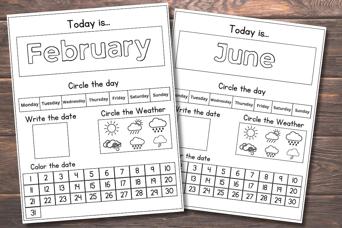 12 Printable Preschool Calendar Worksheet Pages | Month, Day, Date ...