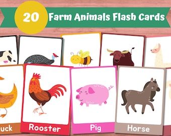20 Farm Animals Cards, Montessori Flash Cards, Pre-school Cards ...