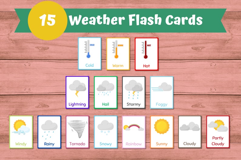 15 Weather Cards Montessori Flashcards Pre-school Cards Rainbow ...