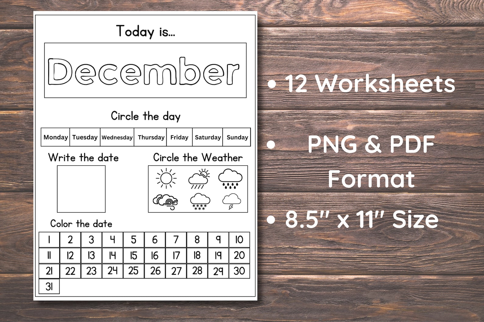12 Printable Preschool Calendar Worksheet Pages Month Day - Etsy