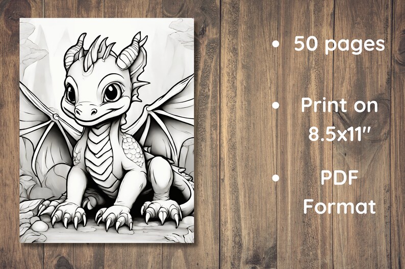 50 Baby Woodland Dragon Fantasy Coloring Page Book, Adults + Kids ...