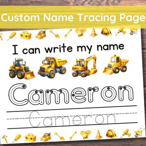 Construction Trucks Custom Name Tracing PDF | Personalized Handwriting ...