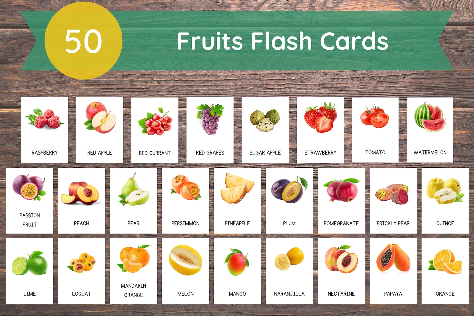 50 Fruits Cards, Fruits Flashcards, Printable Real Pictures Flashcards ...