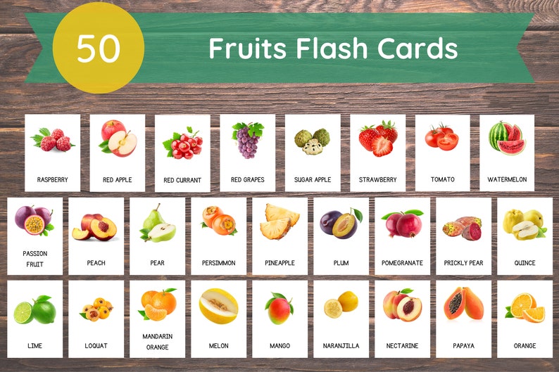 50 Fruits Cards, Fruits Flashcards, Printable Real Pictures Flashcards ...