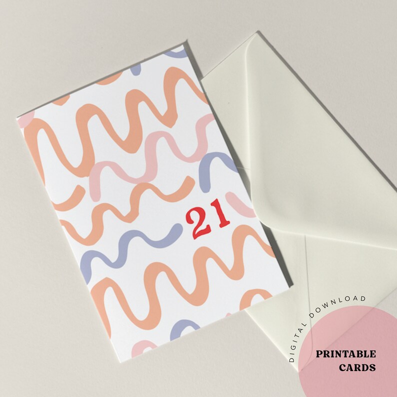 21st Birthday Pink Squiggly Lines Printable Card Digital Download ...