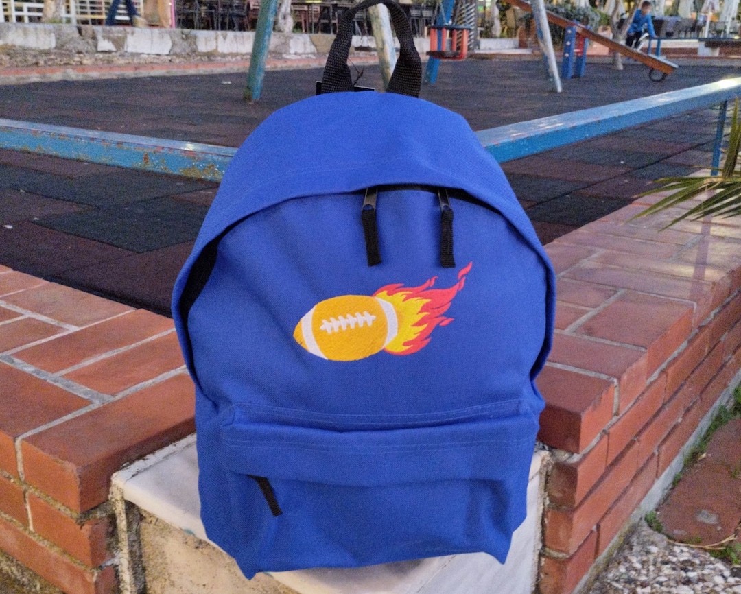 Football in Flame and Name or Text on Backpack, Personalized, Machine ...